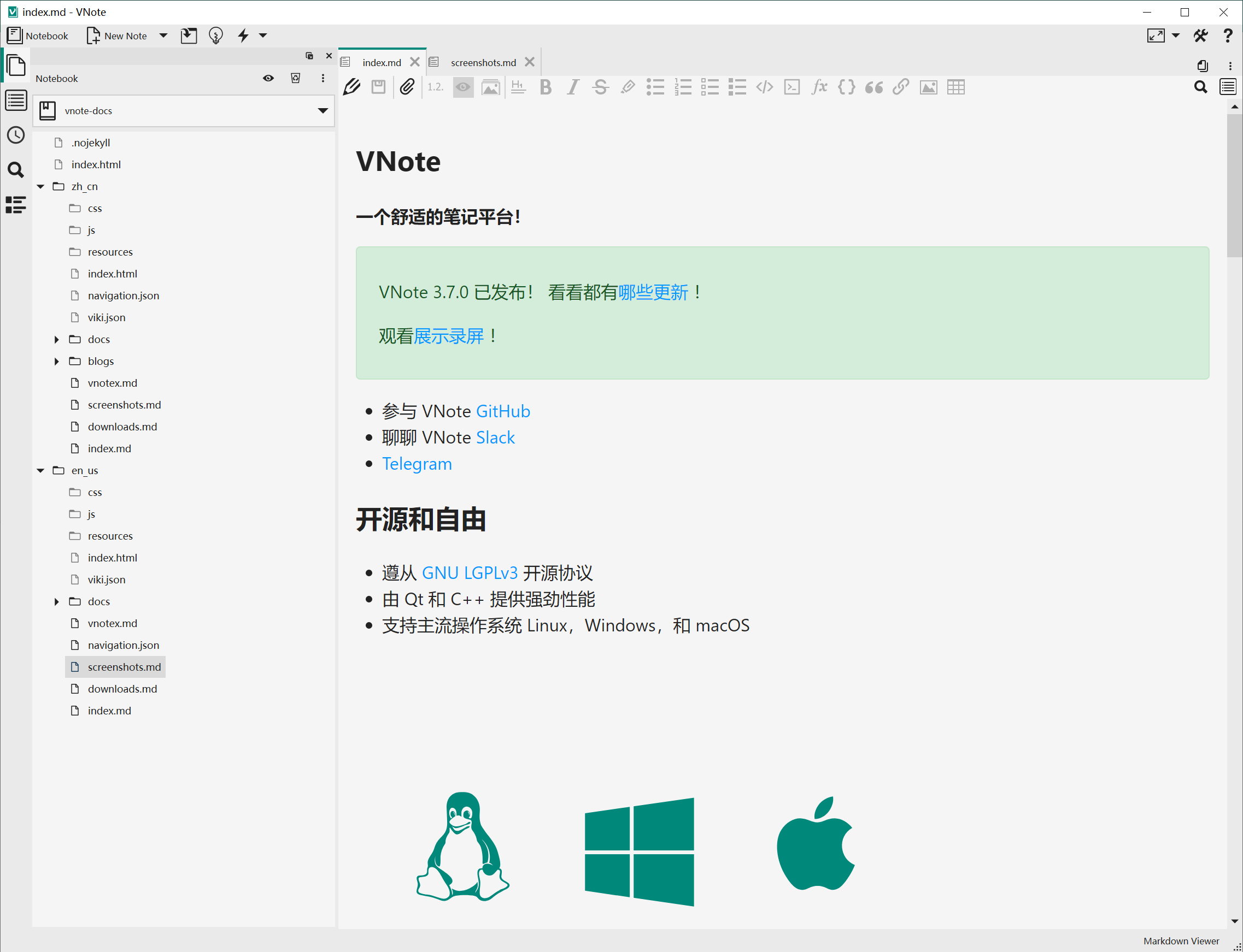 Viki - A simple Wiki page in Markdown from notebook of VNote